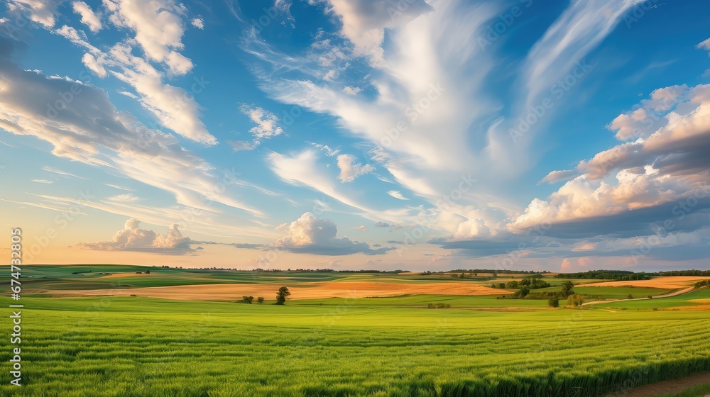 farm land cloud panorama landscape illustration field meadow, summer ...