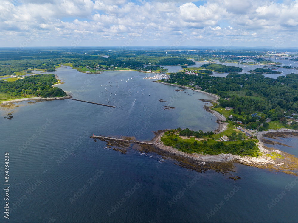 Little Harbor of Piscataqua River mouth to the Atlantic Ocean aerial ...