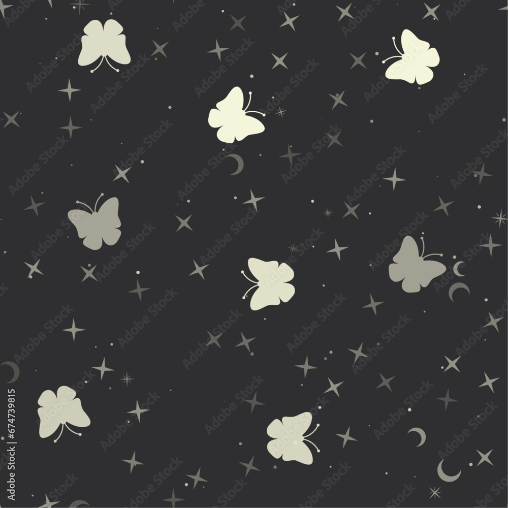 Seamless pattern with stars, butterfly symbols on black background ...