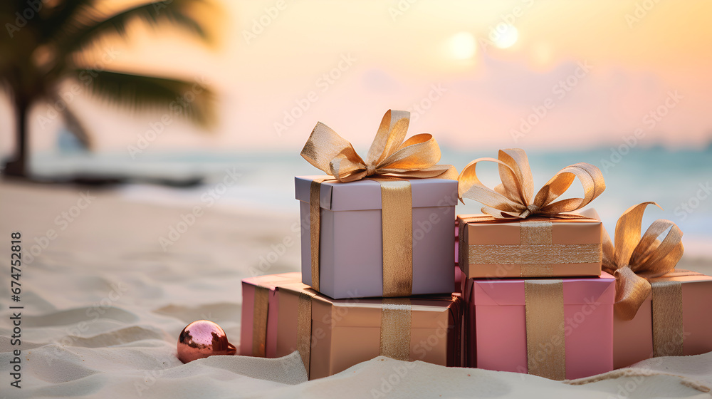 Present boxes on tropical sand beach. Christmas and New Year holidays ...