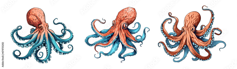 Fantasy octopus characters. Crazy ocean octopuses, angry marine life ...