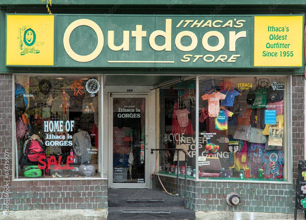 Ithaca Outdoor sporting goods store entrance facade in the finger lakes ...