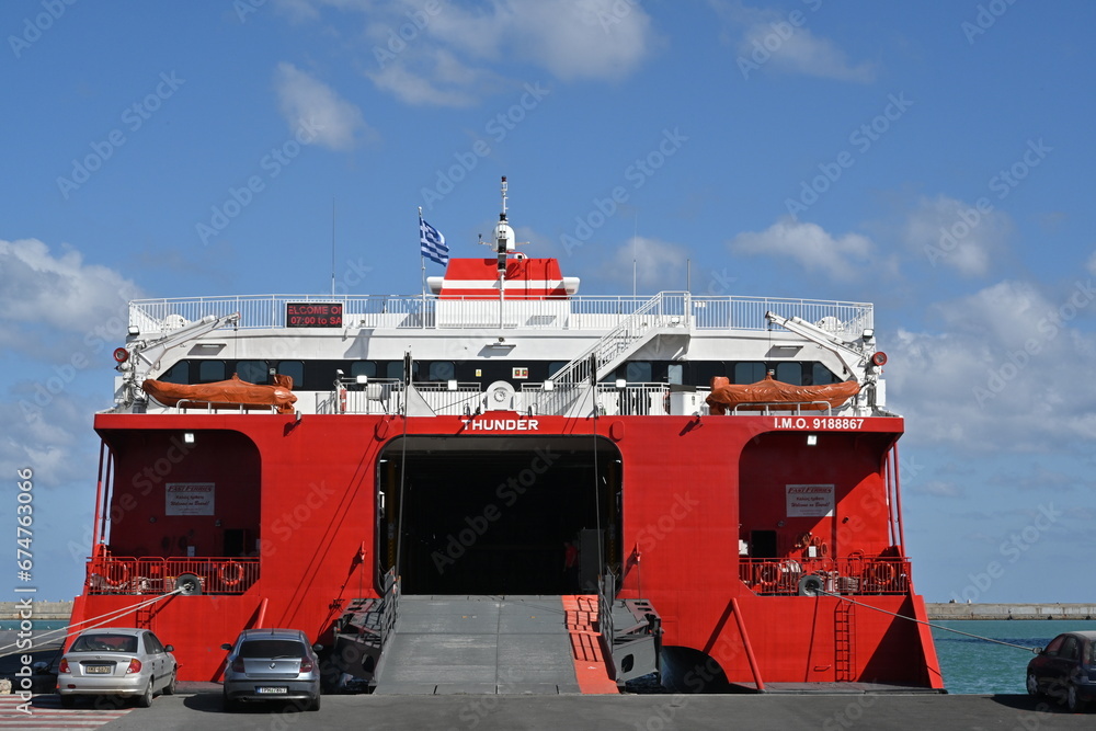 Heraklion, Greece 09 13 2023, Opened stern ramp and doors of Festos ...