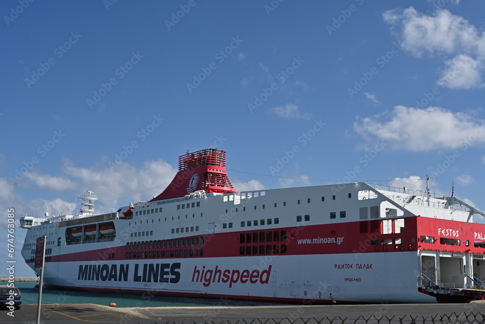 Heraklion, Greece 09 13 2023, Big cruise ferry, Festos Palace, with red ...