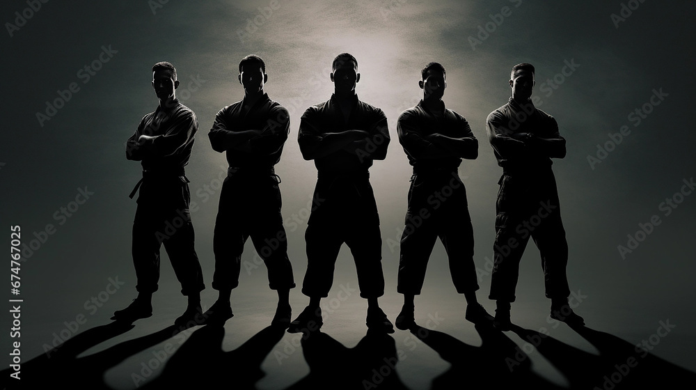 5 shadows silhouettes of jiu jitsu fighters in black ready to fight ...