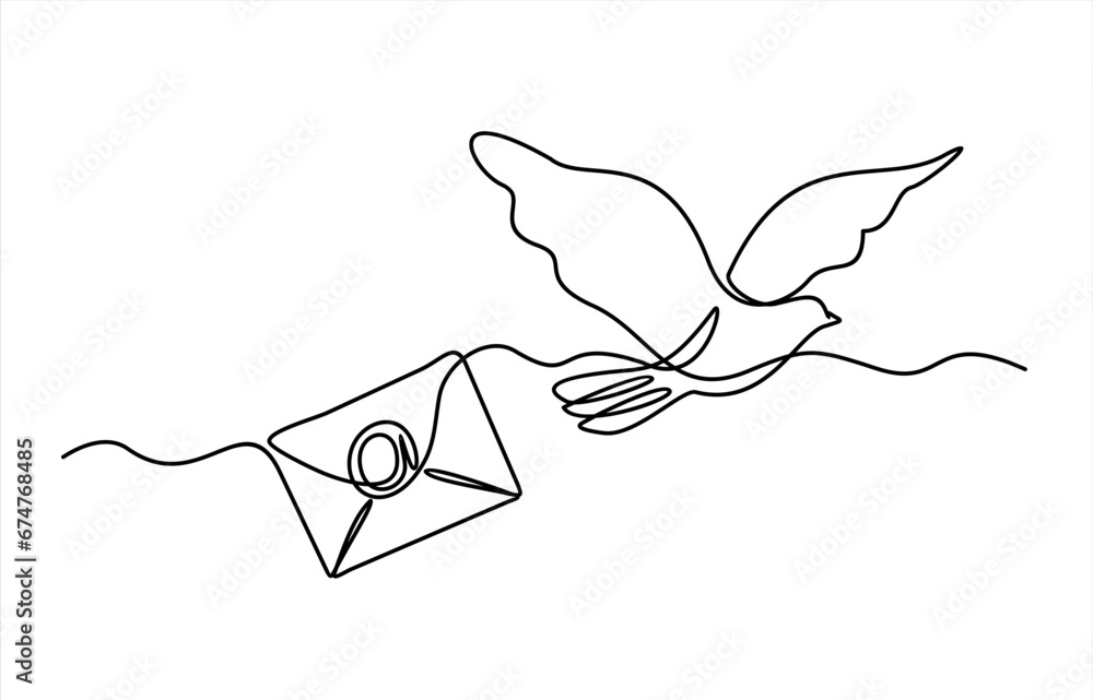 Continuous one line drawing of Flying Dove and post letter. One line ...