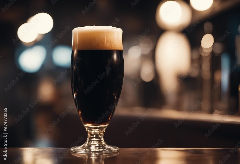 Dark stout beer in a tall glass with foam on a bar counter with a ...