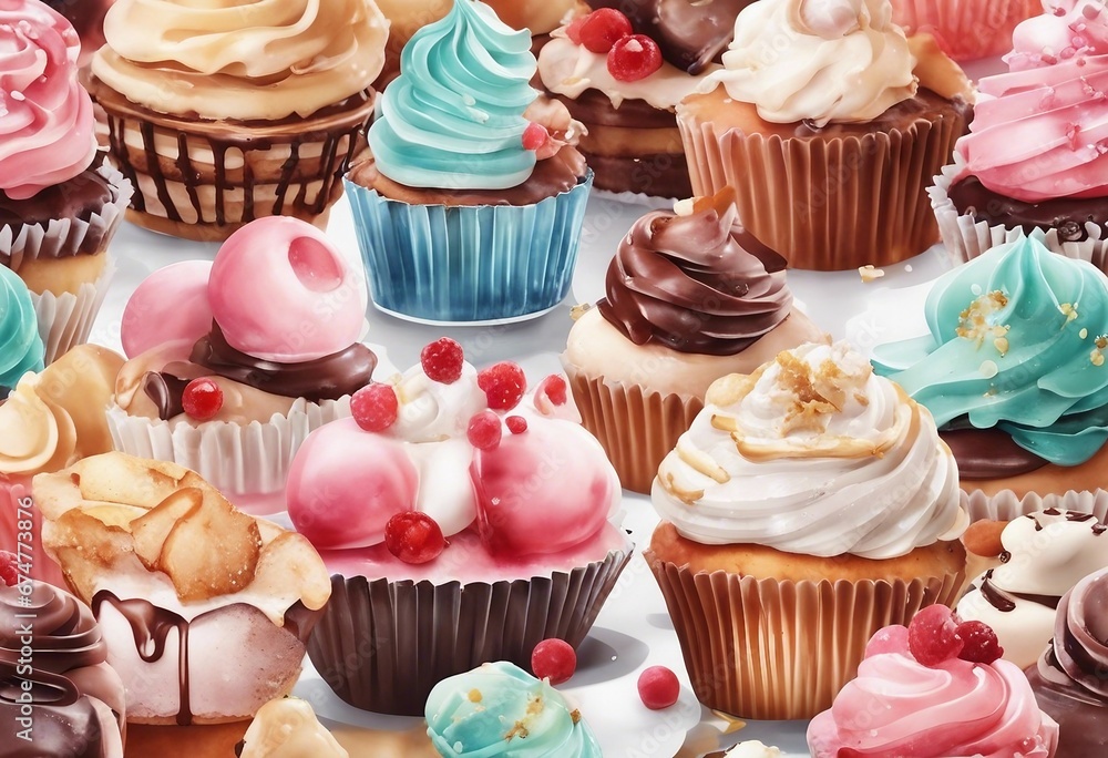 Variety of desserts and pastries illustrations with cupcakes and ice ...