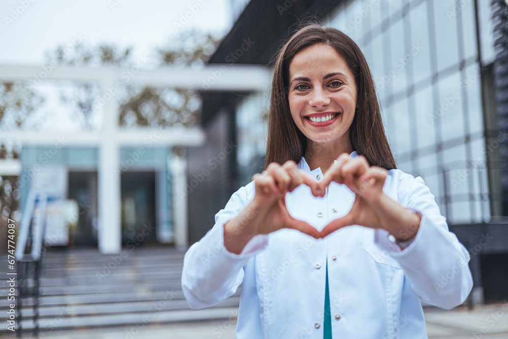 Closeup woman nurse making a heart shape with her hands while smiling ...