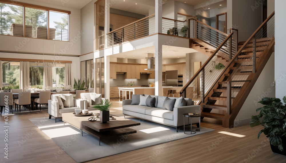 Stunning Panorama of Luxury Home Interior with Open Concept Floor Plan ...