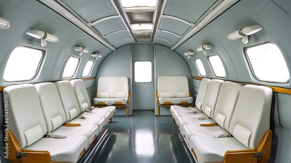 Realistic bright, ultra-modern airplane interior. The plane is inside ...