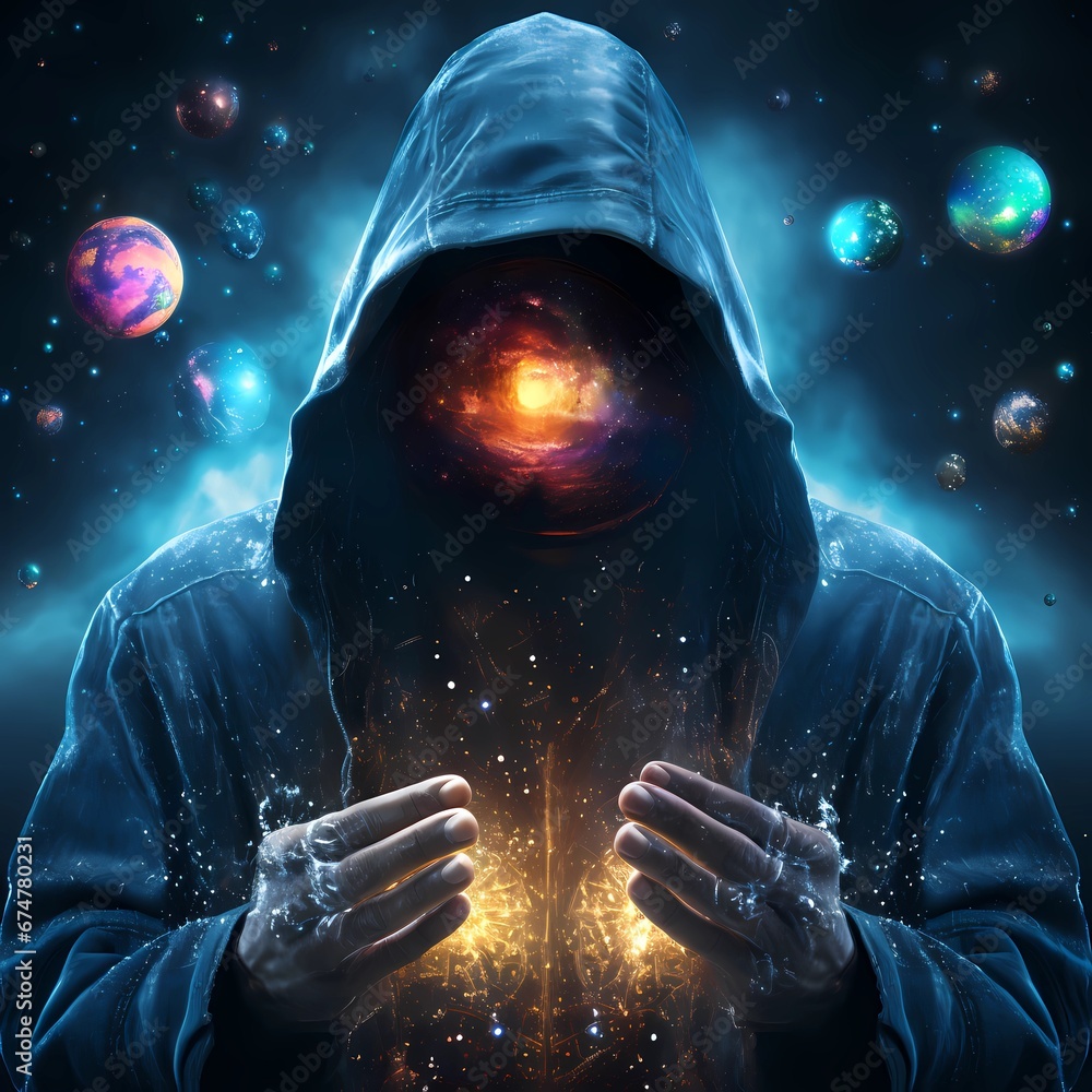 Faceless hooded man, creating the Universe. Stock Illustration | Adobe ...