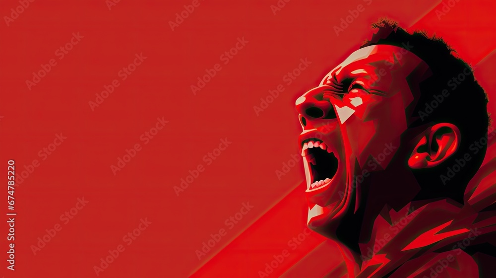 a man screaming with his mouth open in front of a red and black ...