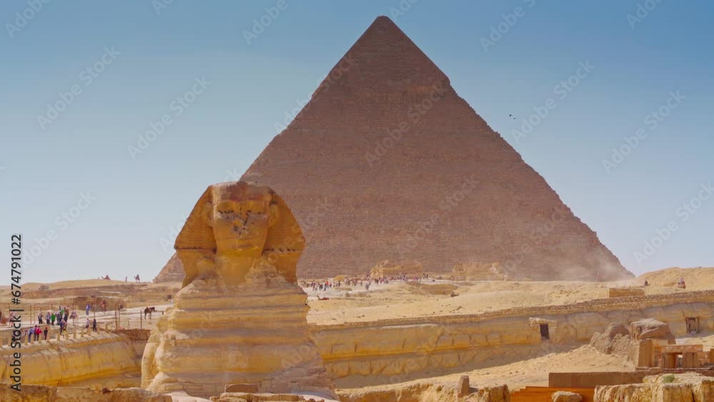 4k, panoramic view of Great pyramid of Cheops and Great Sphinx, Giza ...