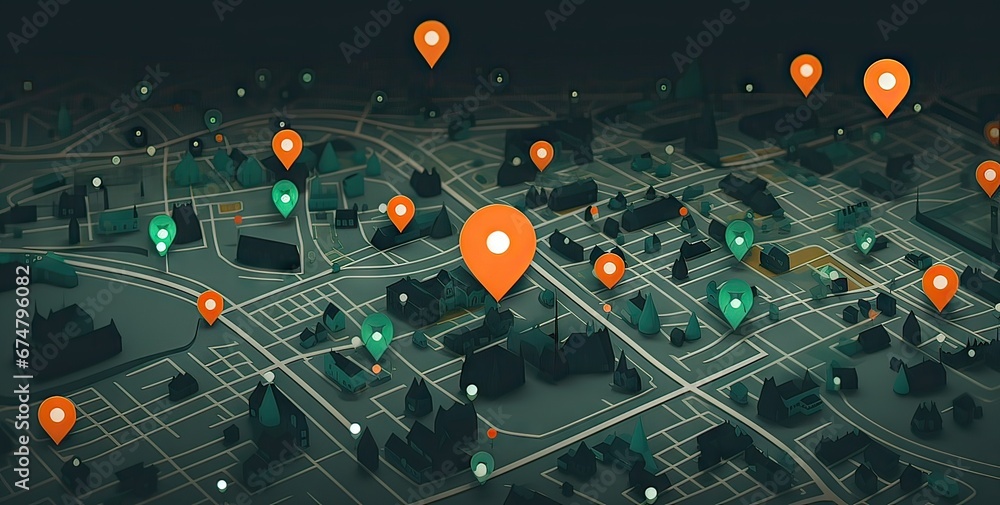 map in dark mode with orange and green pins marking sites of interest ...