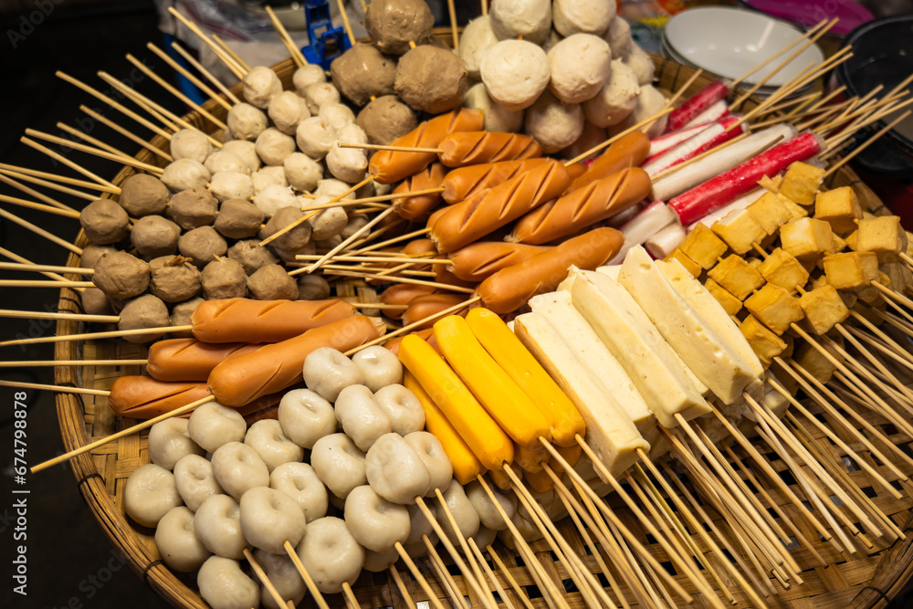 street food with sticks, Thailand street food at night market, Bangkok ...
