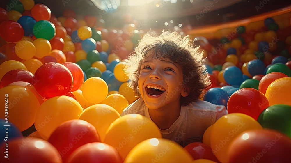 Happy child playing at balls pool playground. Kid playing with multi ...