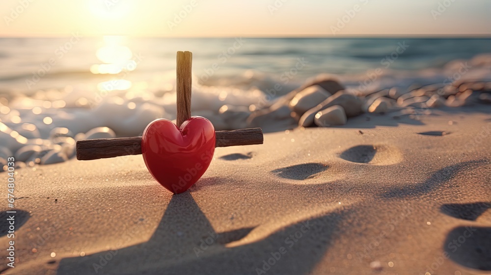 Red heart with wooden Christian cross on gravel floor in morning light ...