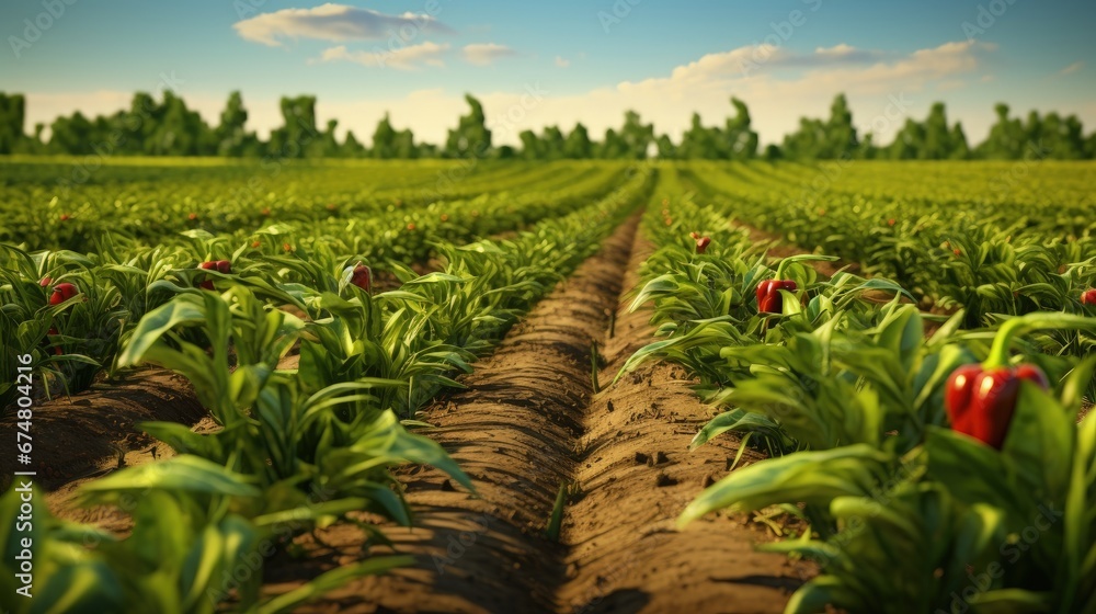 A farm field planted with pepper crops. Growing capsicum peppers, leeks ...
