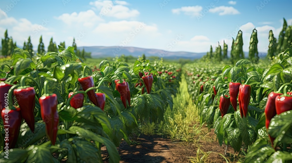 A farm field planted with pepper crops. Growing capsicum peppers, leeks ...