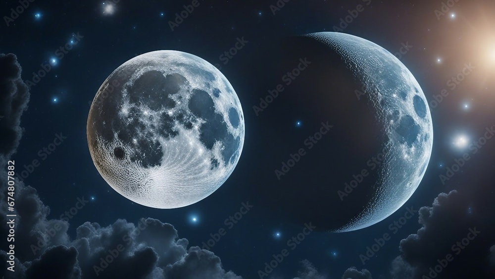 moon and earth A shiny silver moon with a metallic surface and craters ...