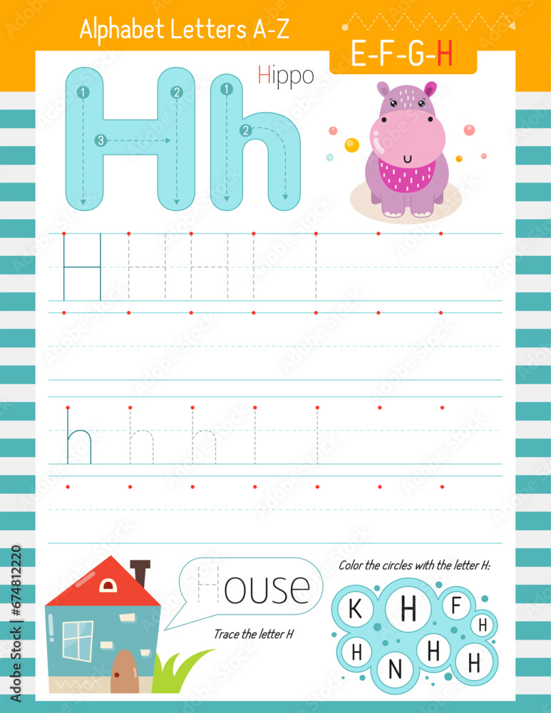 Letter Tracing Worksheet for Activity Book for kids. For Letter H upper ...