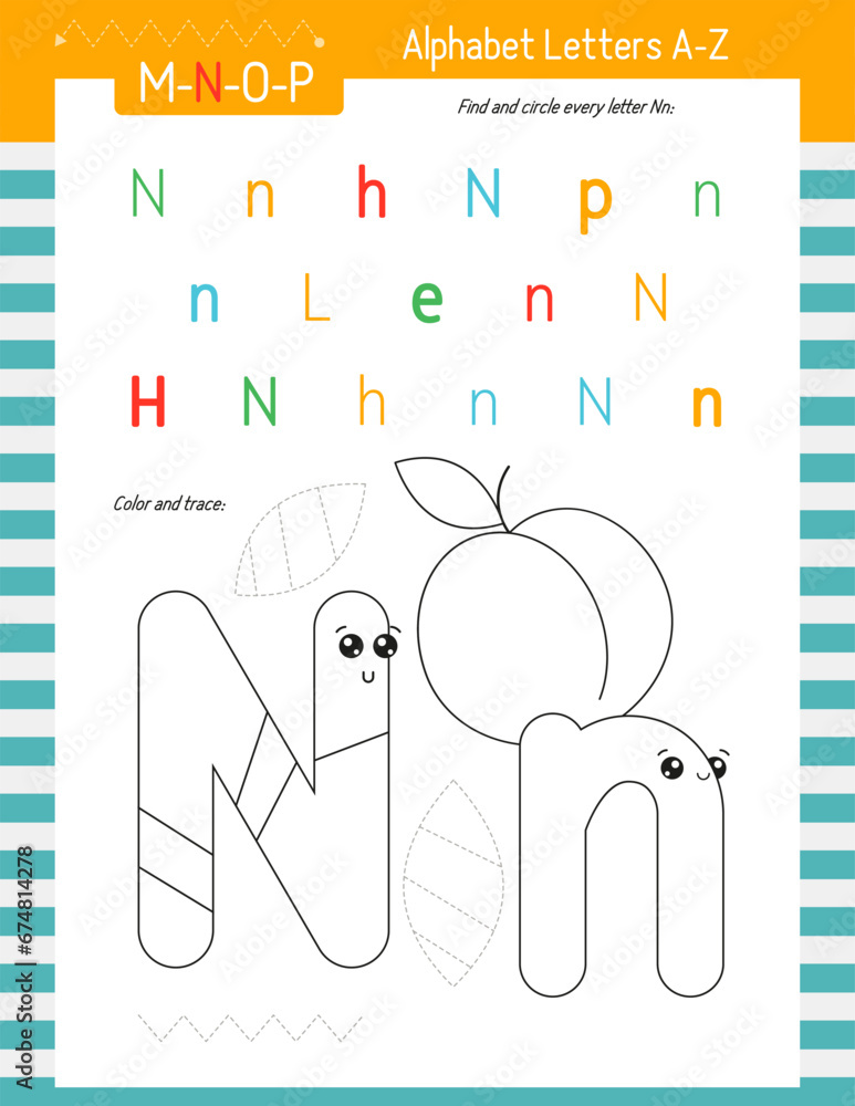 Letter Coloring Worksheet for Kids Activity Book. For Letter N upper ...