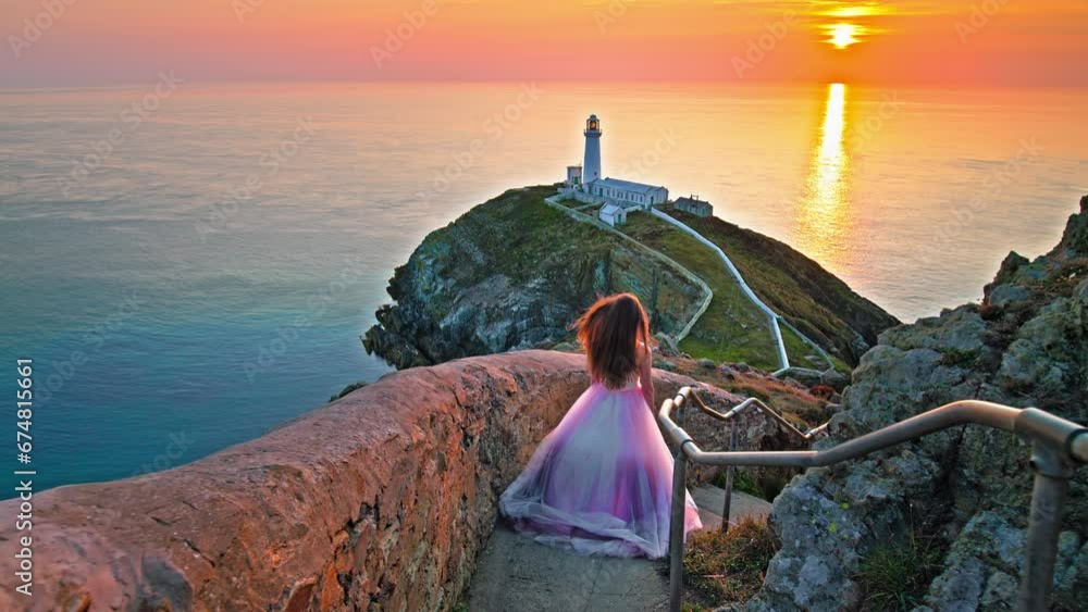 Beautiful woman in a dress visits South Stack Lighthouse at golden ...