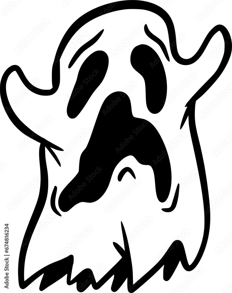 Hand drawn vector drawing of spooky ghost. Black and white, contour ...