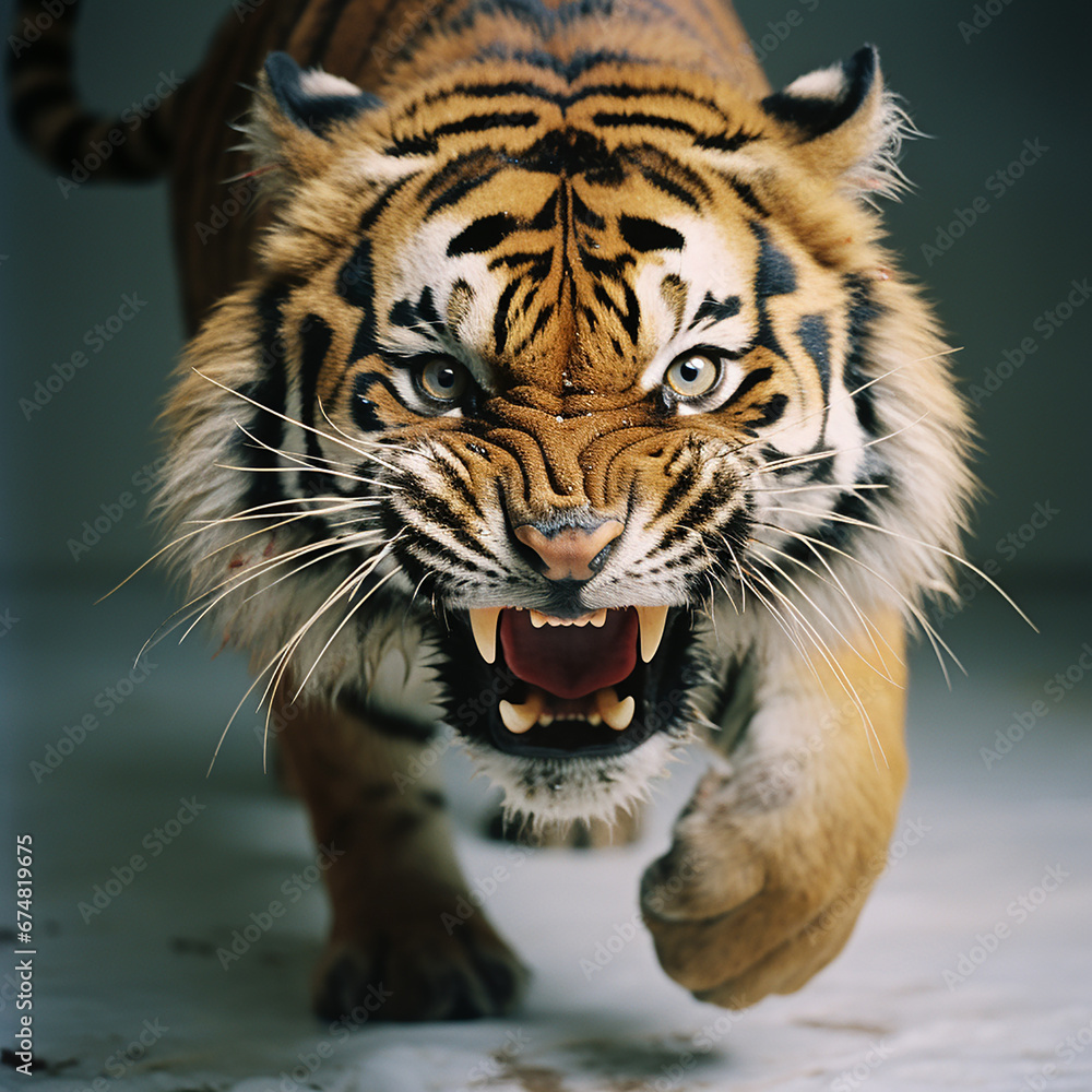 An angry predatory tiger grins and growls, huge fangs, the tiger ...