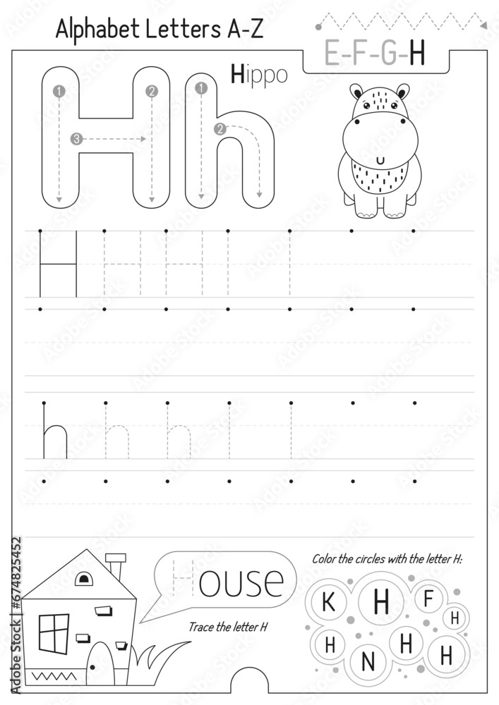 Letter Tracing Worksheet for Activity Book for kids. For Letter H upper ...