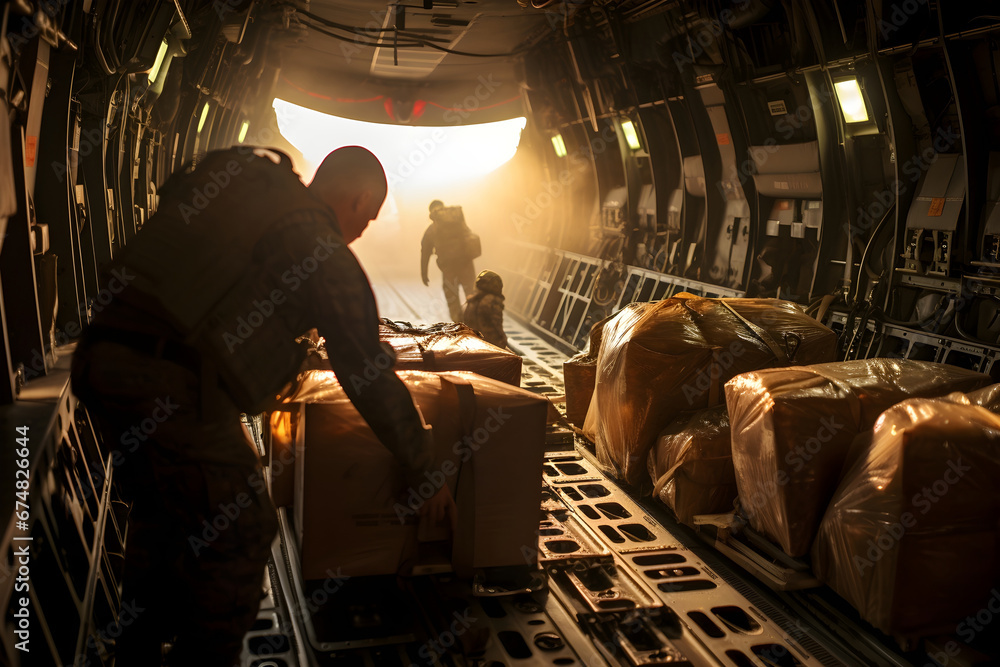 Dedicated soldiers meticulously loading cargo onto a military transport ...