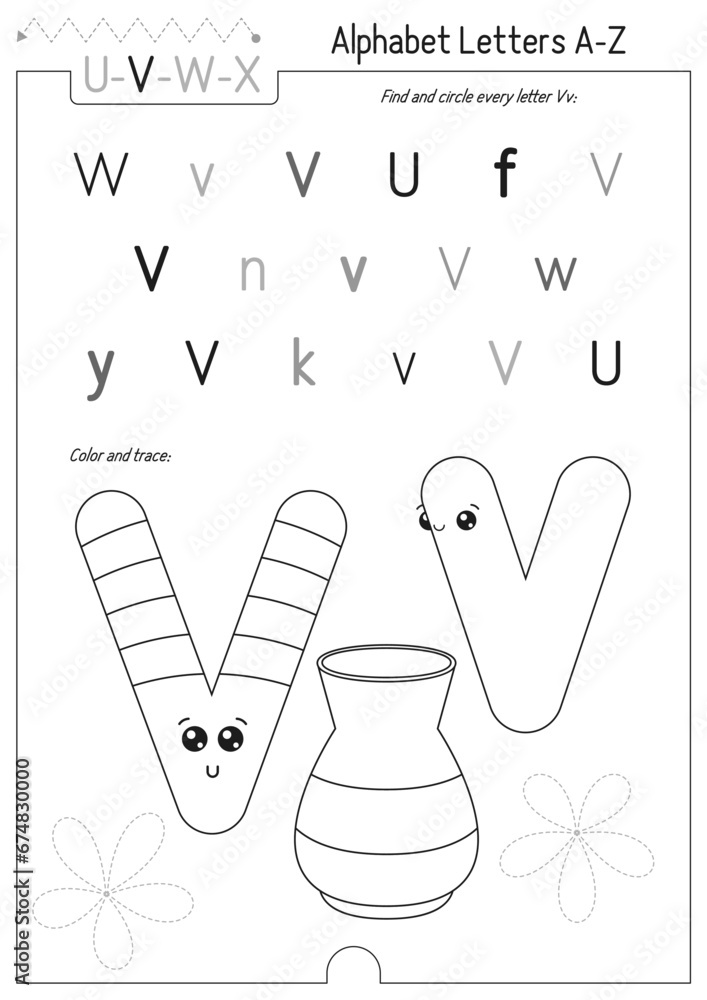 Letter Coloring Worksheet for Kids Activity Book. For Letter V upper ...