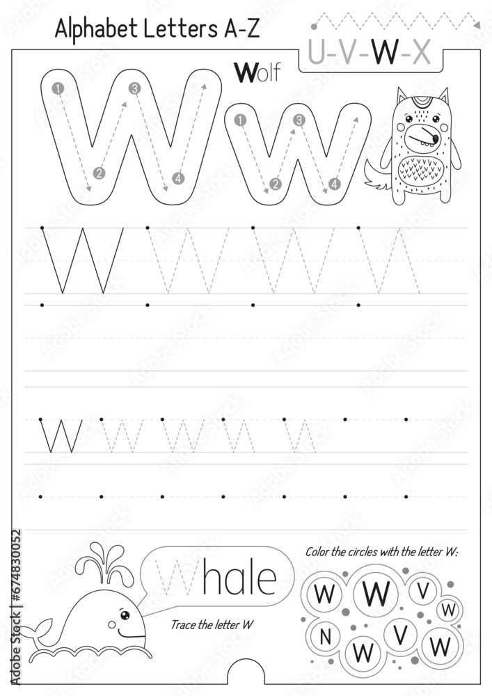 Letter Tracing Worksheet for Activity Book for kids. For Letter W upper ...