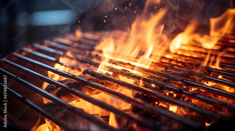 A black grill on fire with smoke and fire sparks on a barbecue day ...