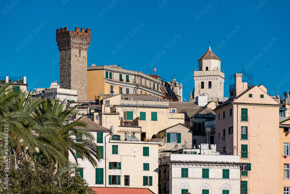 Poster Close-up of Genoa old district Castello with the tower called ...