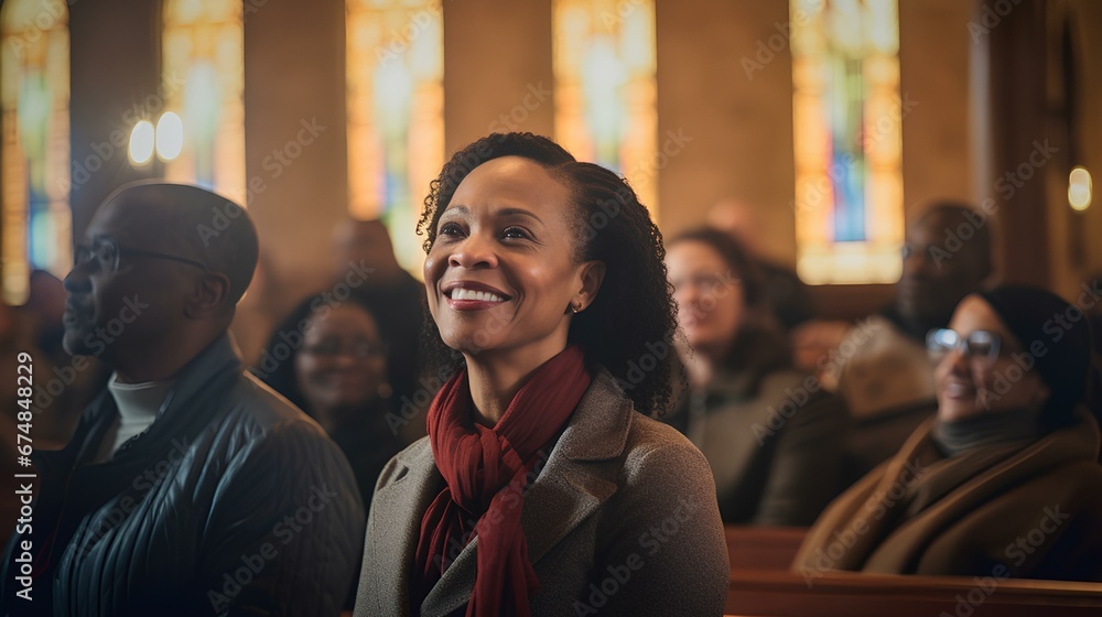 an African American female pastor in her 50s. diverse congregation ...