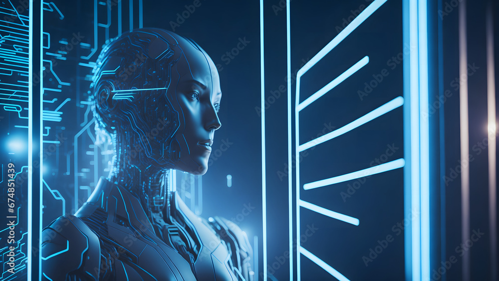 A futuristic AI-powered workspace with holographic displays, showcasing ...