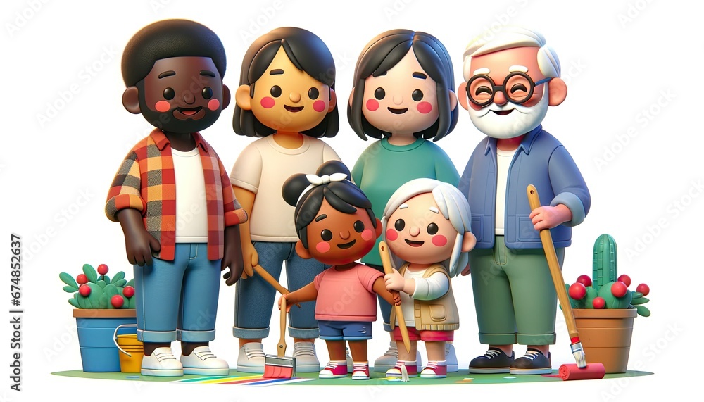 Colorful 3D illustration of a multi-generational family with playful ...