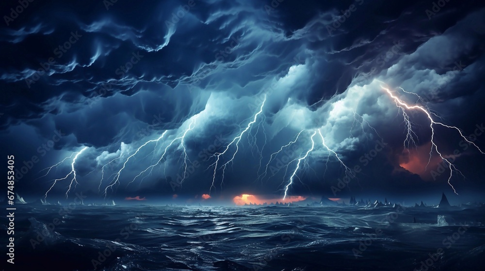 Dark mysterious monsoon cyclone storm clouds and multiple bolts of ...