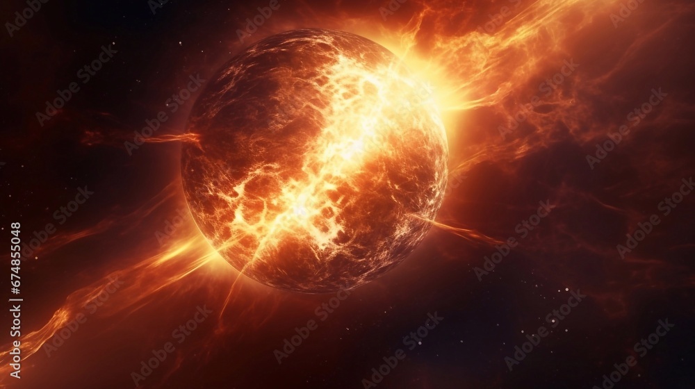 Earth's sun in outer space. Solar surface with powerful bursting flares ...