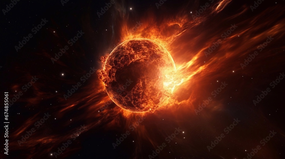 Earth's sun in outer space. Solar surface with powerful bursting flares ...
