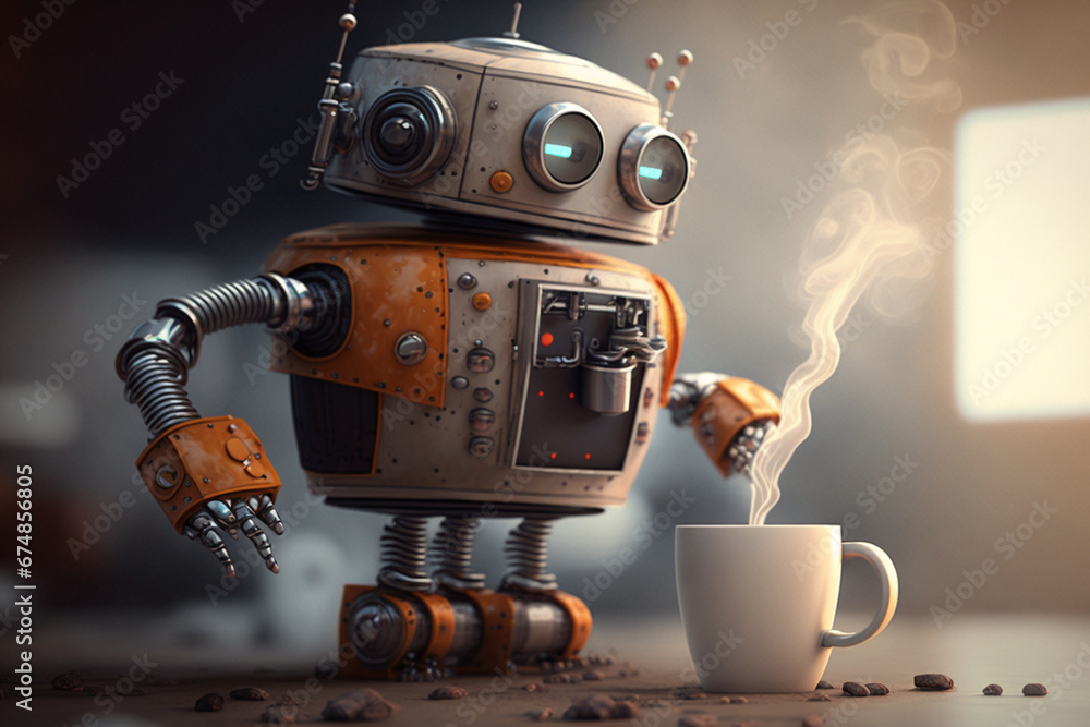 Funny illustration featuring a robot enjoying a steaming cup of coffee ...