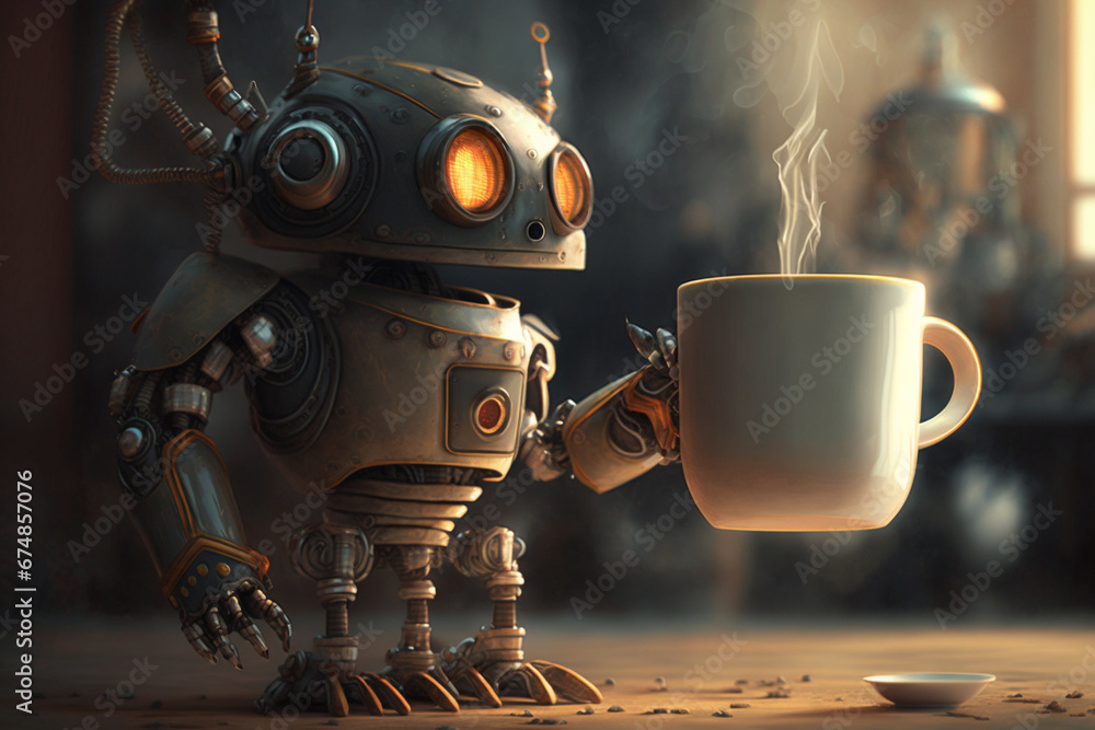 Funny illustration featuring a robot enjoying a steaming cup of coffee ...