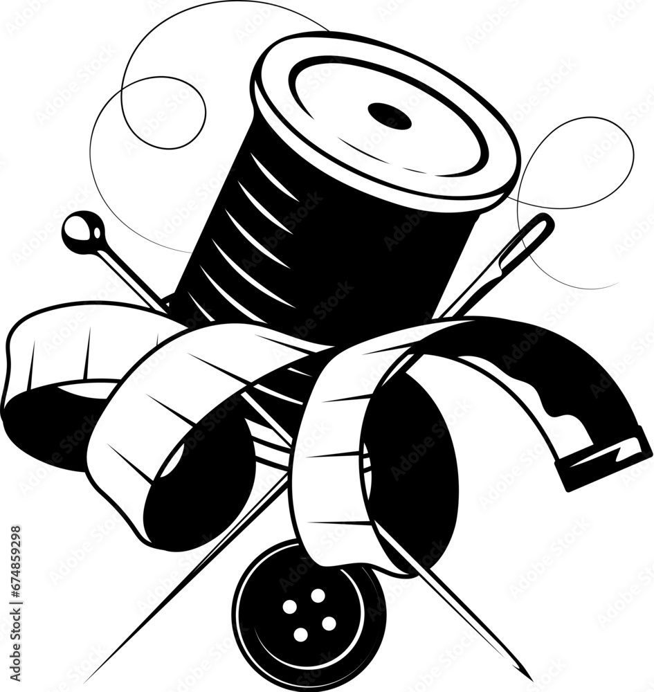 Spool of thread, sewing meter and needle and thread. Symbol for a ...