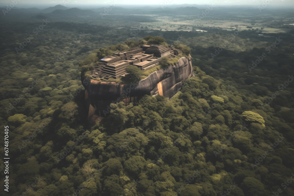 Sri Lanka drone view. Sigiriya Rock or Sinhagiri is ancient rock ...