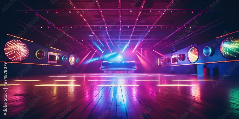 A classic 90's roller skating rink with disco ball and neon lights ilustración de Stock | Adobe ...
