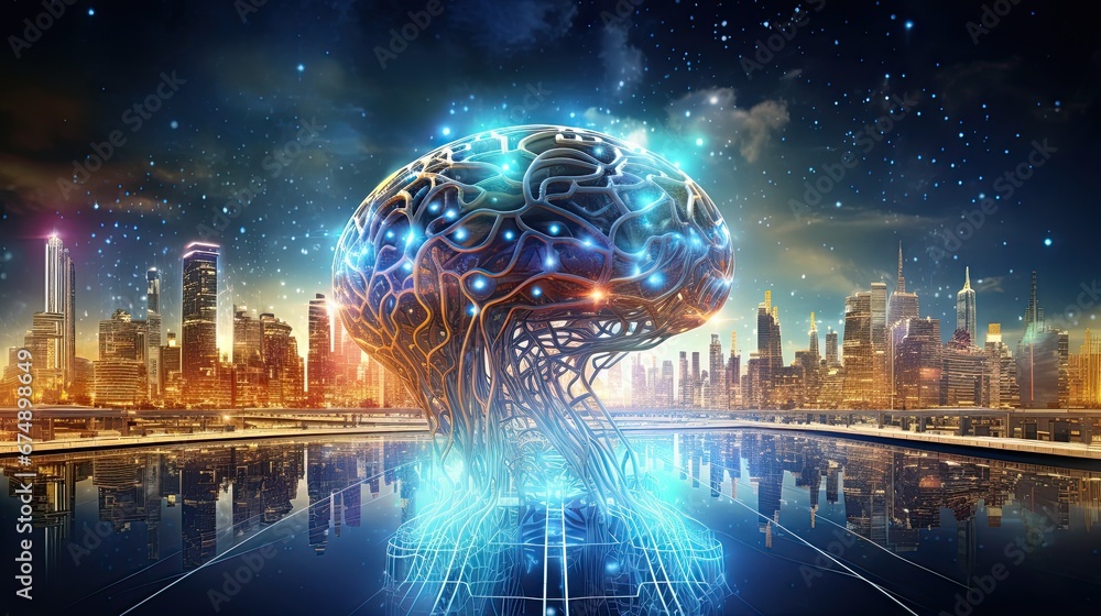 Artificial Intelligence, massive brain powering a futuristic city Stock ...