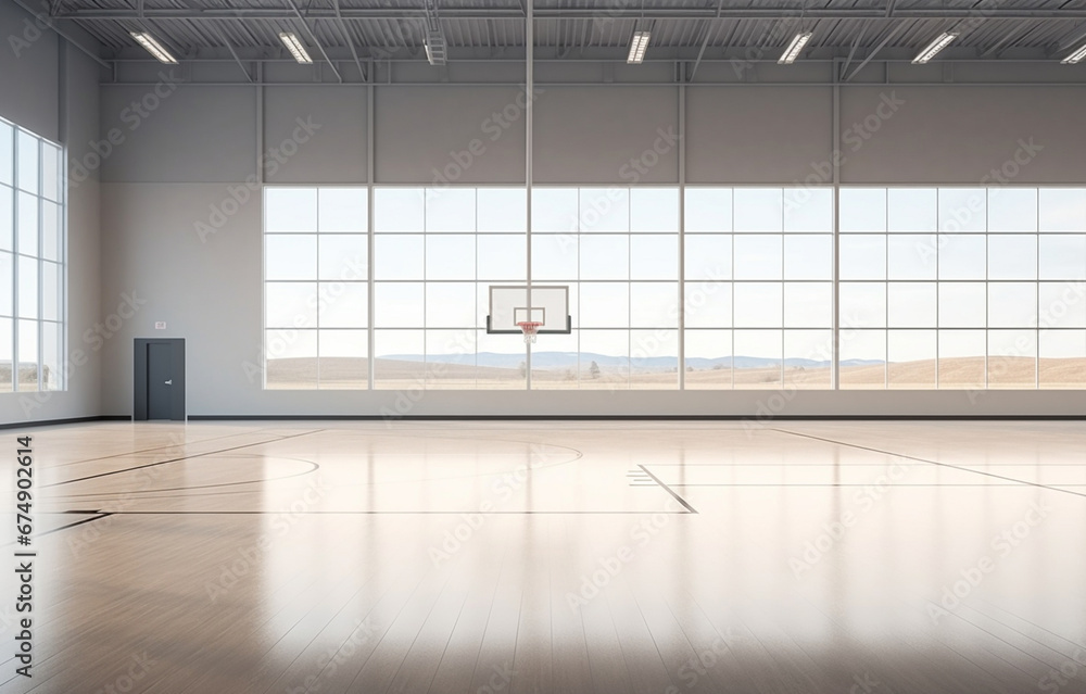 realistic basketball court inside of a fieldhouse with windows at the ...