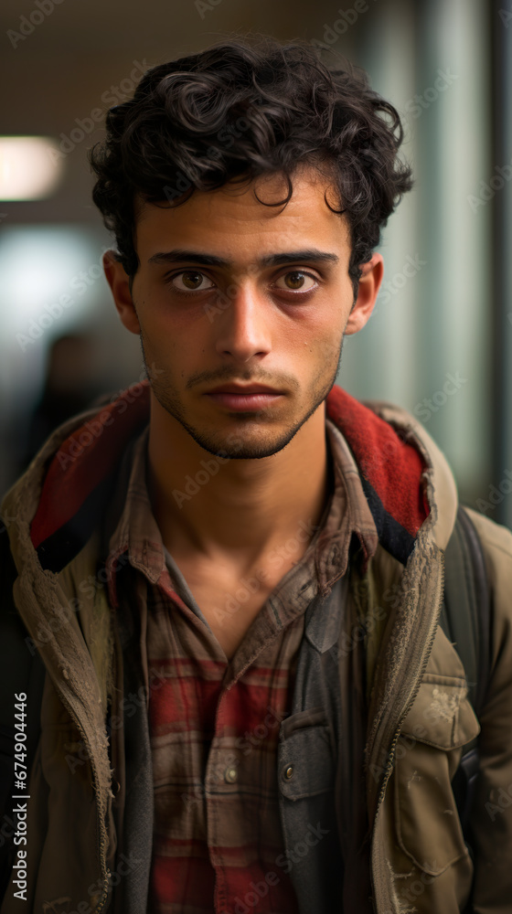 Portrait of a very handsome young Palestinian boy with a sad face ...